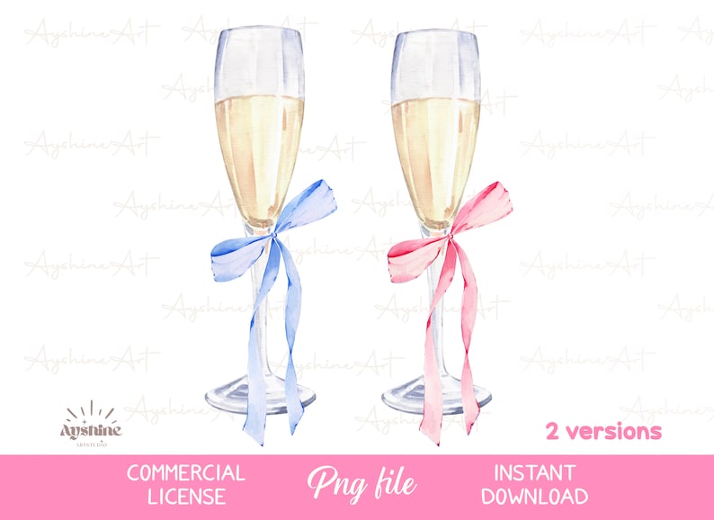 Coquette Blue and Pink Bow Champagne Digital Print | Ribbon Champagne ...
