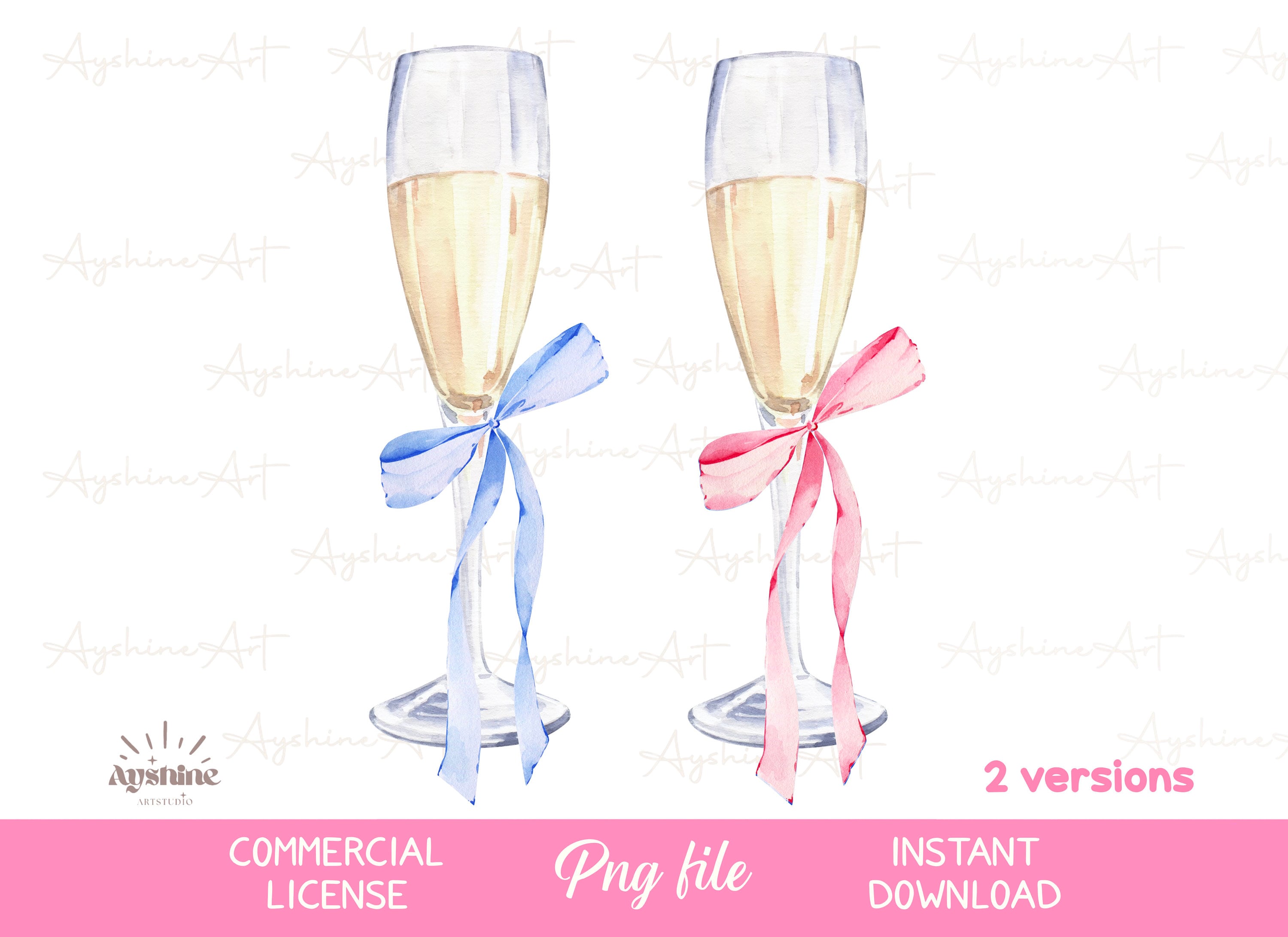 Coquette Blue and Pink Bow Champagne Digital Print | Ribbon Champagne ...