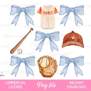 Coquette Baseball PNG Vintage Watercolor, Digital File Blue Bow, Ribbon ...