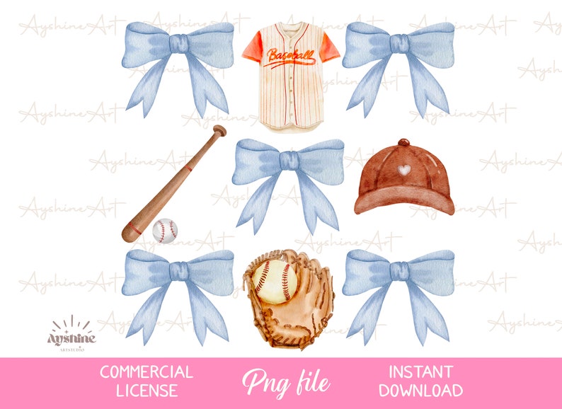 Coquette Baseball PNG Vintage Watercolor, Digital File Blue Bow, Ribbon ...