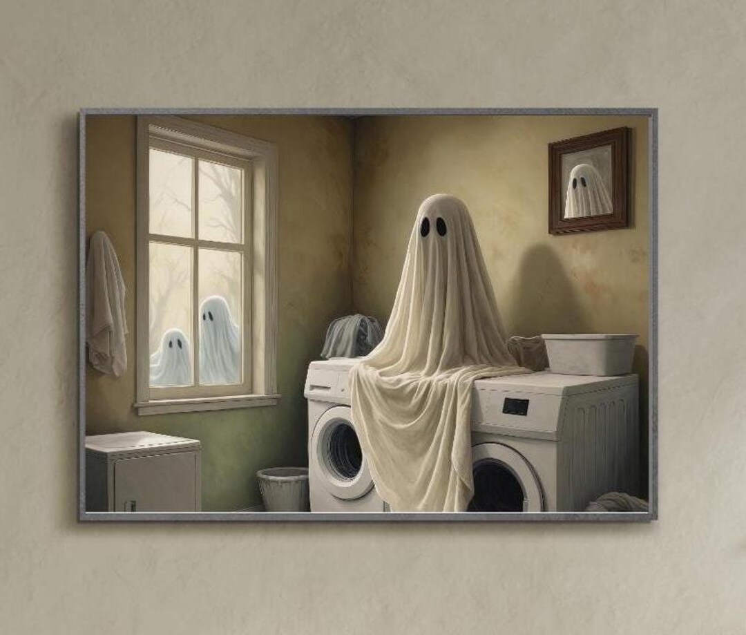 Ghost Doing Laundry Halloween Wall Decor Art Print, Funny Spooky Ghost ...
