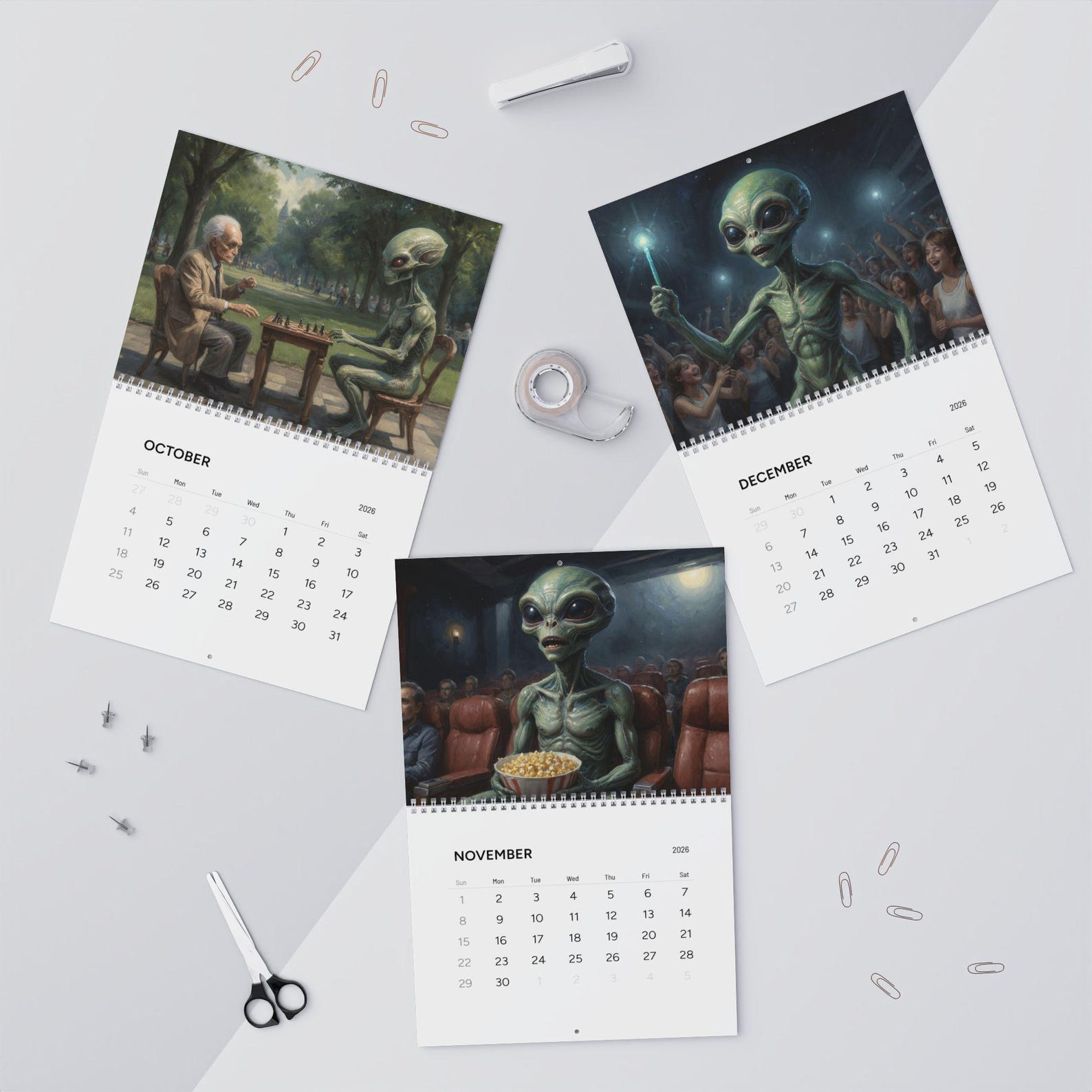 Funny Alien 2026 Wall Calendar Planner, Fun Sci-fi UFO Lover Home Decor ...