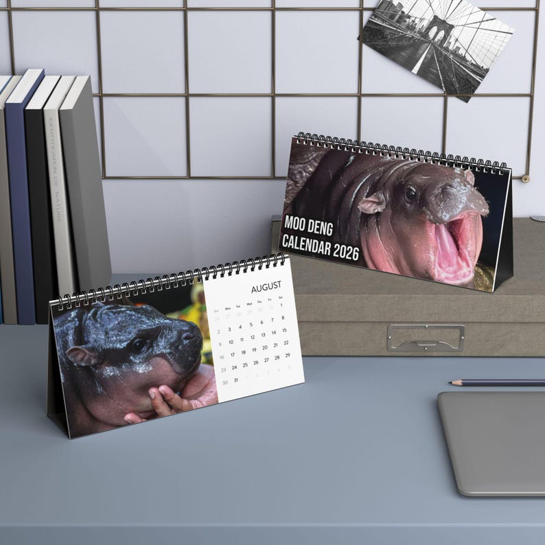 Cute Moo Deng 2026 Desktop Calendar Planner, Baby Pygmy Hippo Office ...