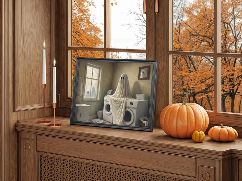 Ghost Doing Laundry Halloween Wall Decor Art Print, Funny Spooky Ghost ...