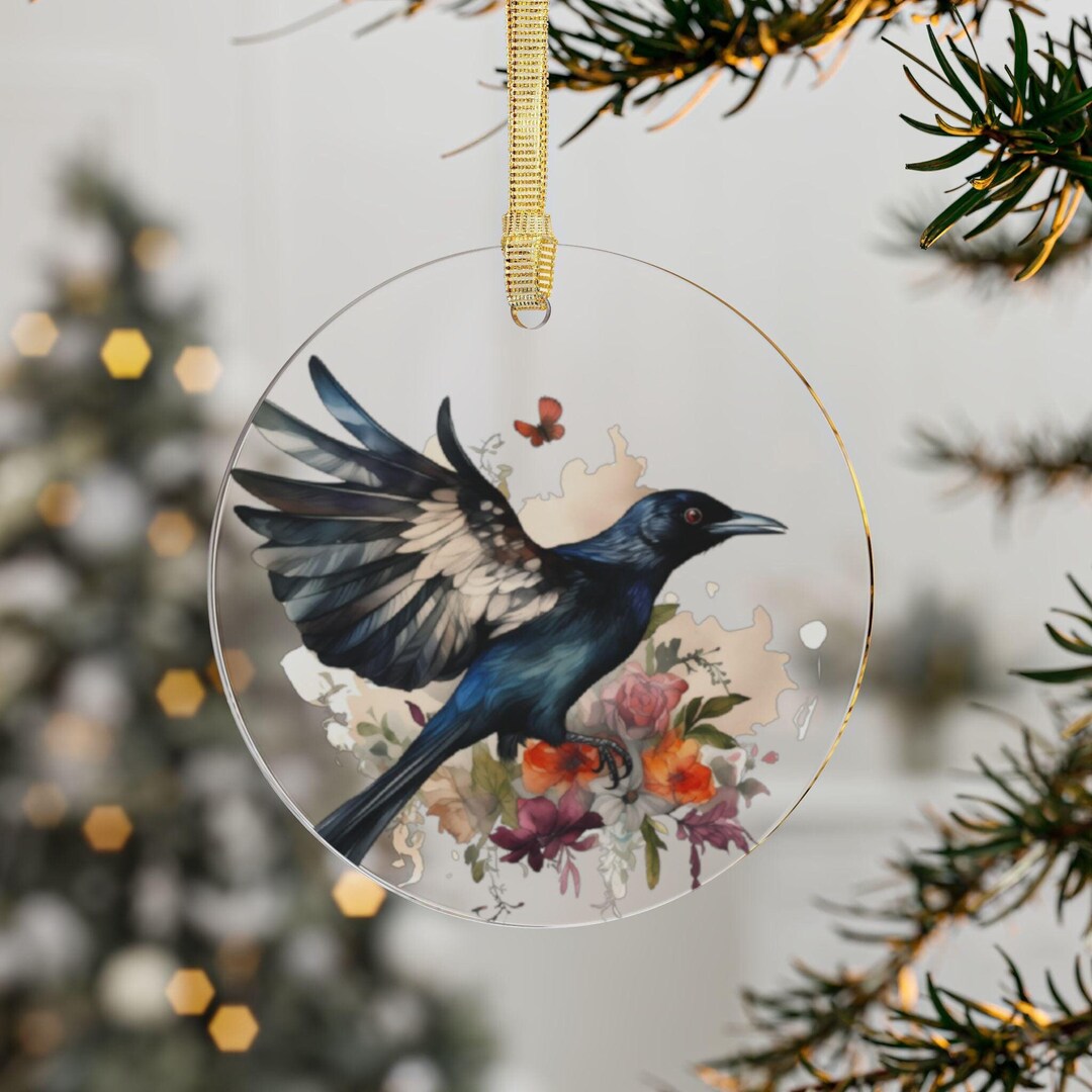 Watercolor Blue Magpie Bird Flower Acrylic Ornament, Christmas Tree ...