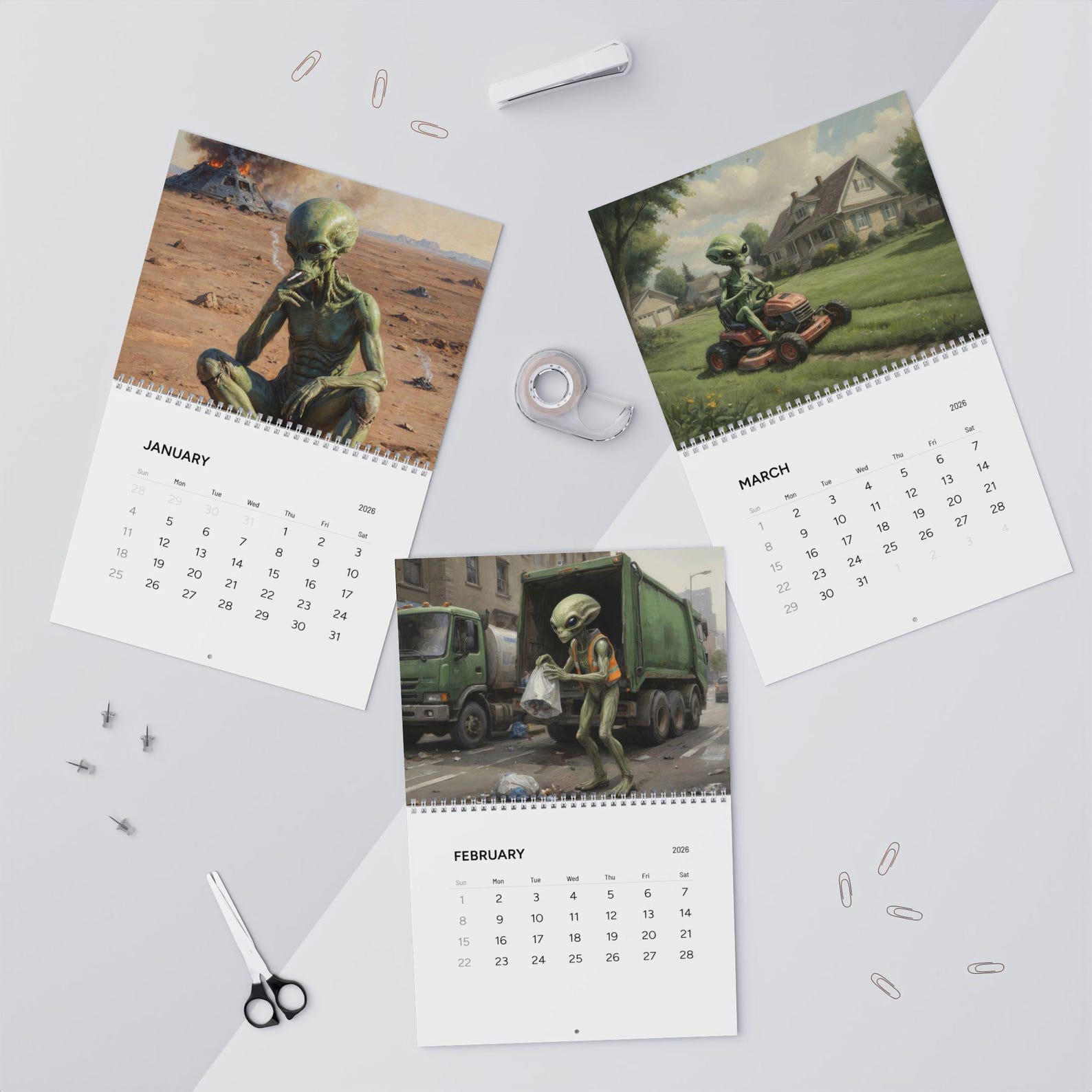 Funny Alien 2026 Wall Calendar Planner, Fun Sci-fi UFO Lover Home Decor ...