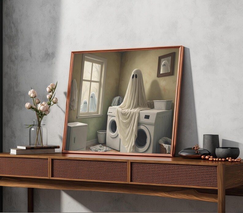 Ghost Doing Laundry Halloween Wall Decor Art Print, Funny Spooky Ghost ...