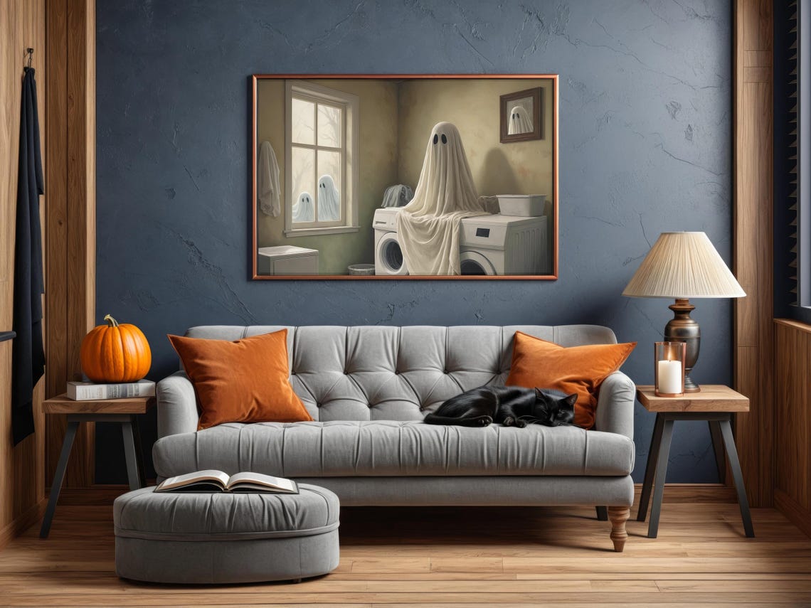 Ghost Doing Laundry Halloween Wall Decor Art Print, Funny Spooky Ghost ...