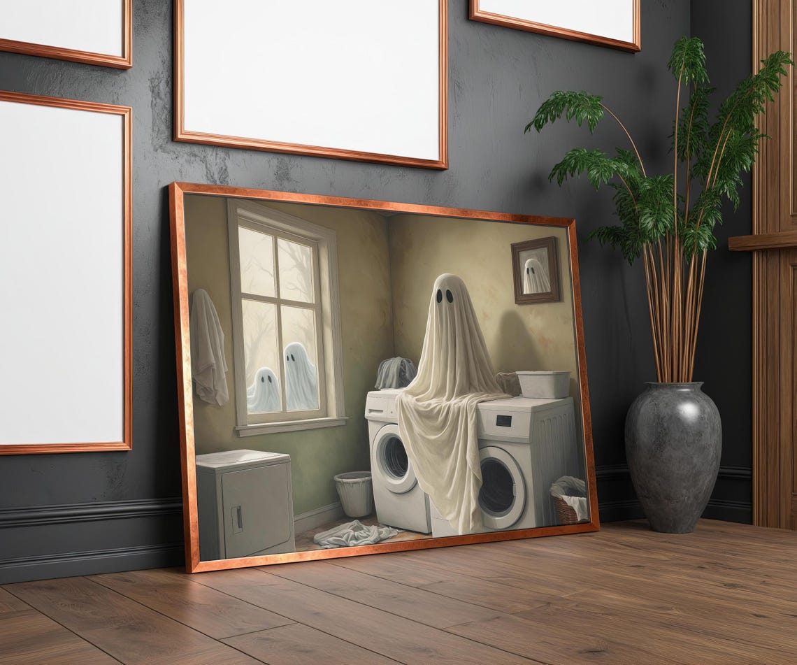 Ghost Doing Laundry Halloween Wall Decor Art Print, Funny Spooky Ghost ...