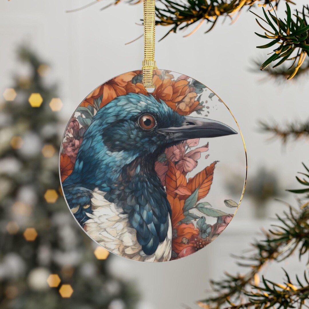 Blue Magpie Bird Watercolor Acrylic Ornament, Flower Christmas Tree ...