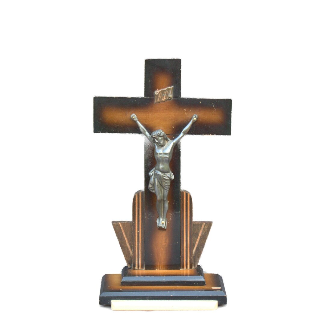 Antique Standing Crucifix in Wood Art Deco Style Cross 15.94" 40.5cm ...