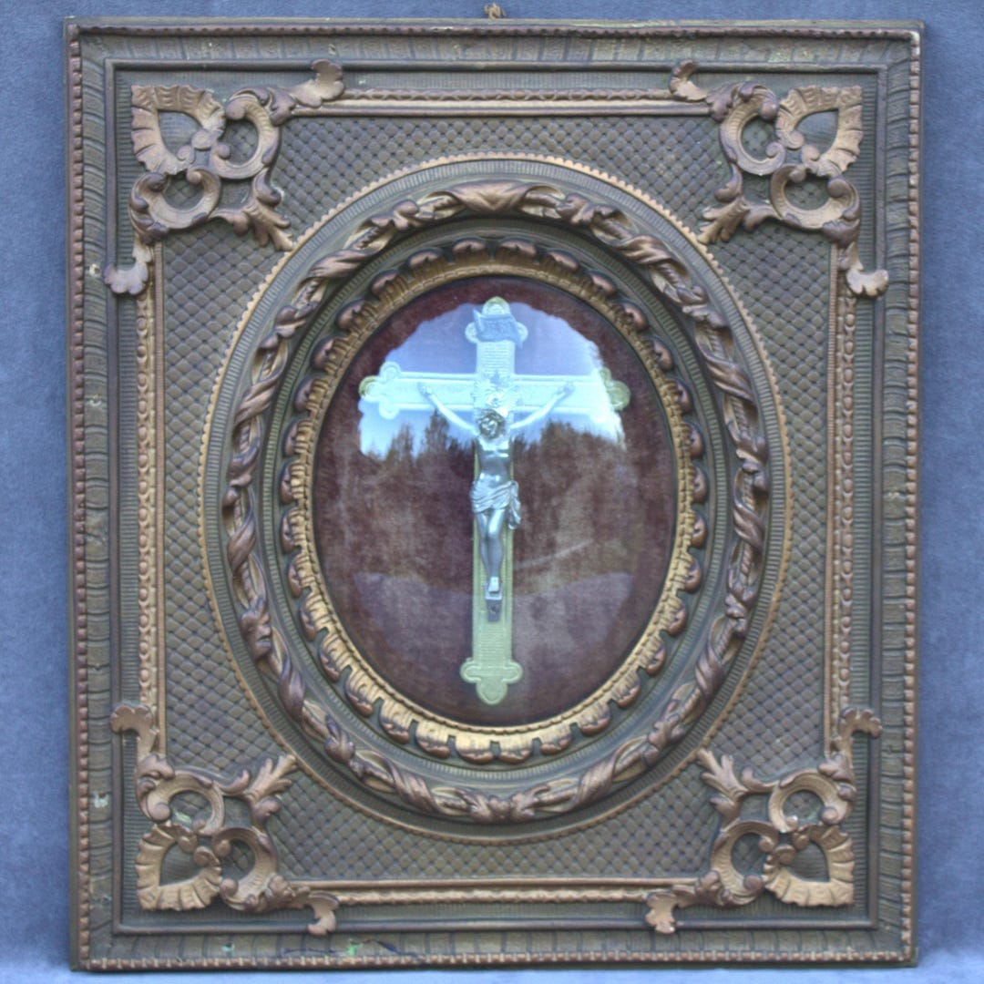 Antique French Frame Crucifix Convex Dome Glass Ornate Trim Detail ...