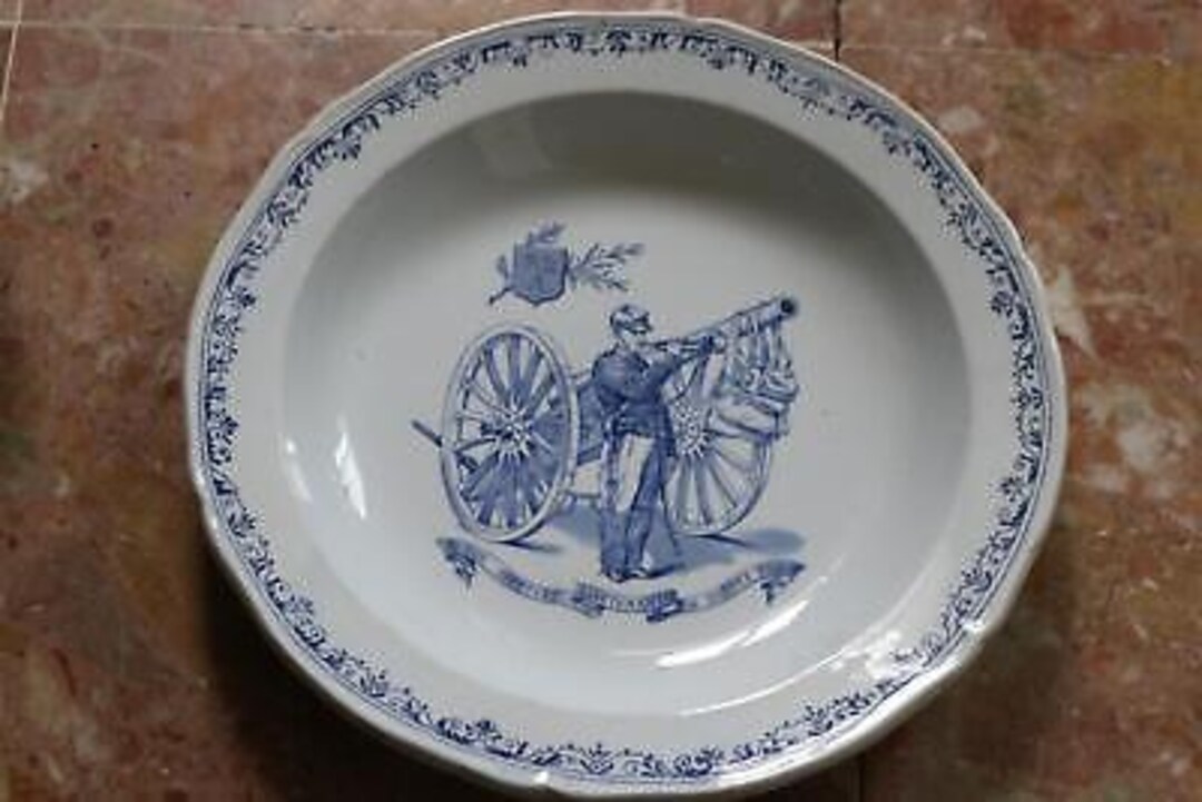 Old Large Earthenware Dish From GIEN Military Cannon Bugle LIEUTENANT ...