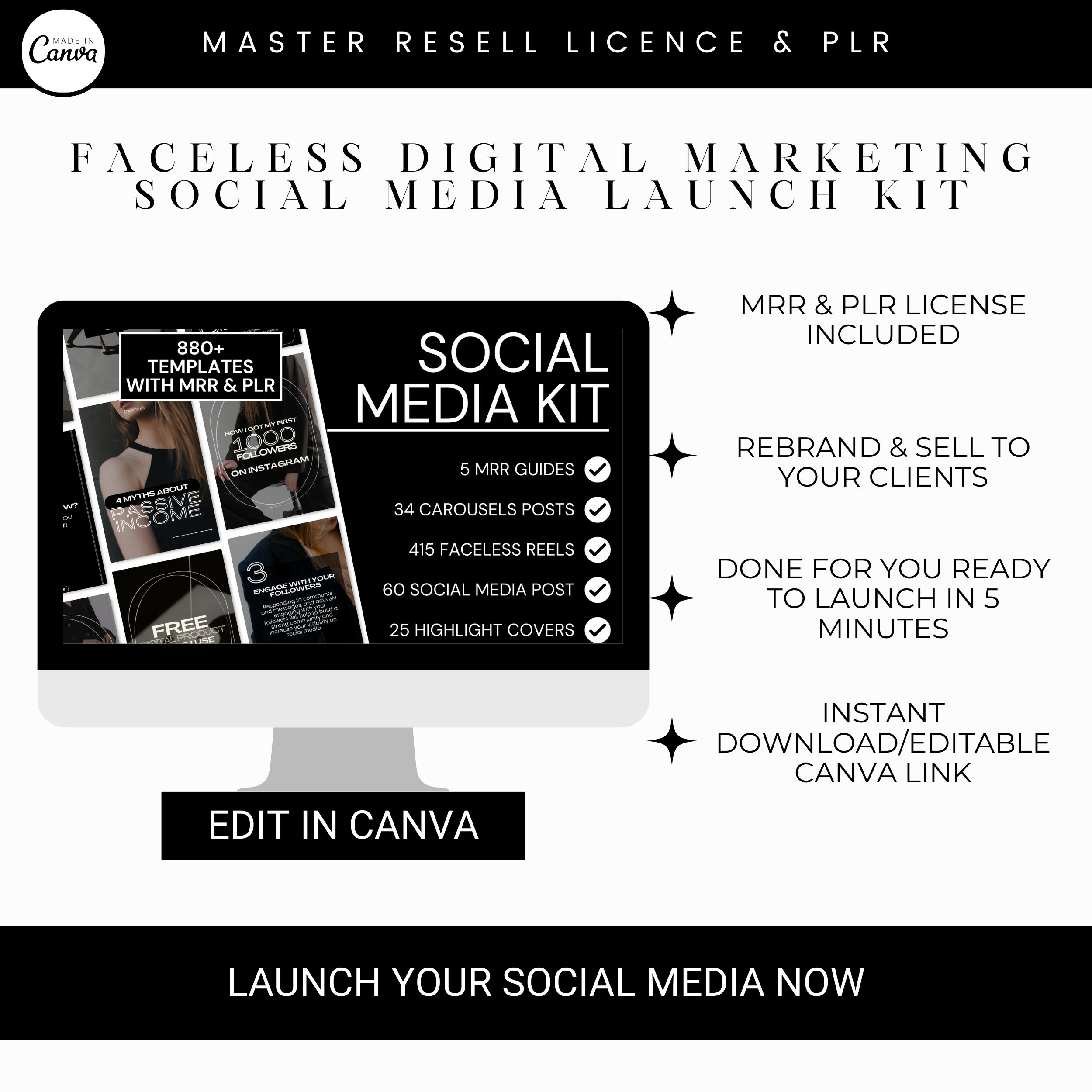Faceless Social Media Content Launch Kit, Dark Black Aesthetics, MRR ...
