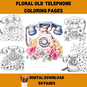 Floral Old Telephone Coloring Pages - Etsy