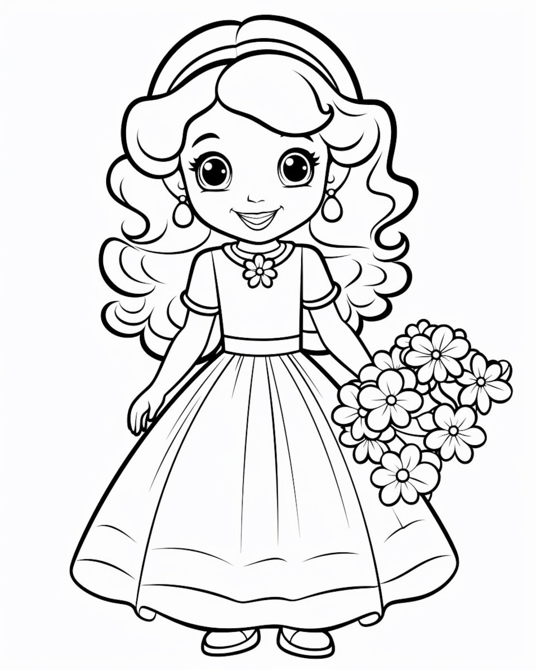 Cute Princess With Flowers Coloring Book, Kids Floral Coloring Pages ...