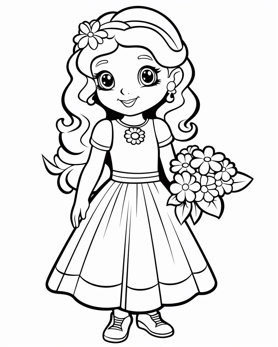 Cute Princess With Flowers Coloring Book, Kids Floral Coloring Pages ...
