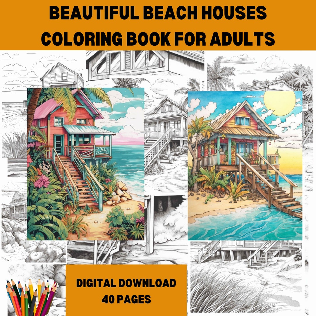 Summer Beach House Coloring Book Pages for Adults and Kids, 30 ...