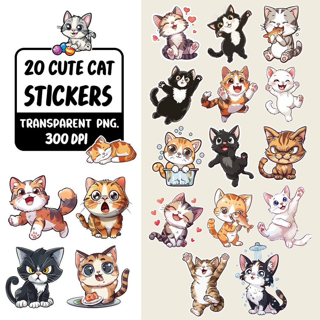 20 Cute Cats Digital Stickers Png Bundle,kawaii Cat Funny Stickers,cat ...
