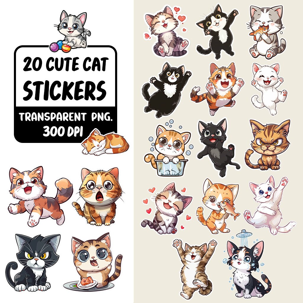 20 Cute Cats Digital Stickers Png Bundle,kawaii Cat Funny Stickers,cat ...