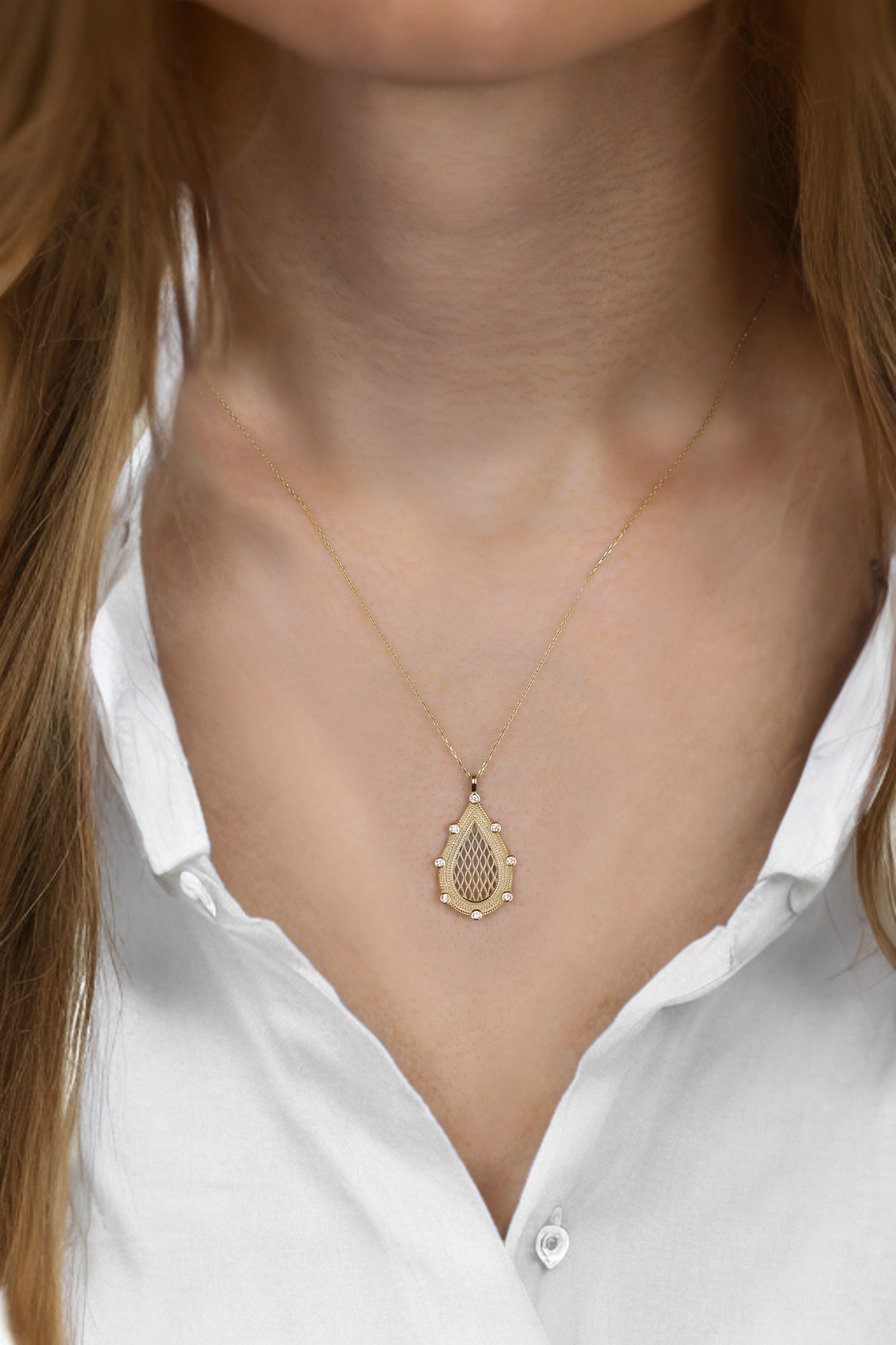 14K Gold Pendant, Customizable Grid Necklace, Gold Drop, Handmade Drop ...