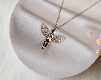 14K Gold Angel Pendant, Angel Necklace, Angel With Diamond, Gift for ...