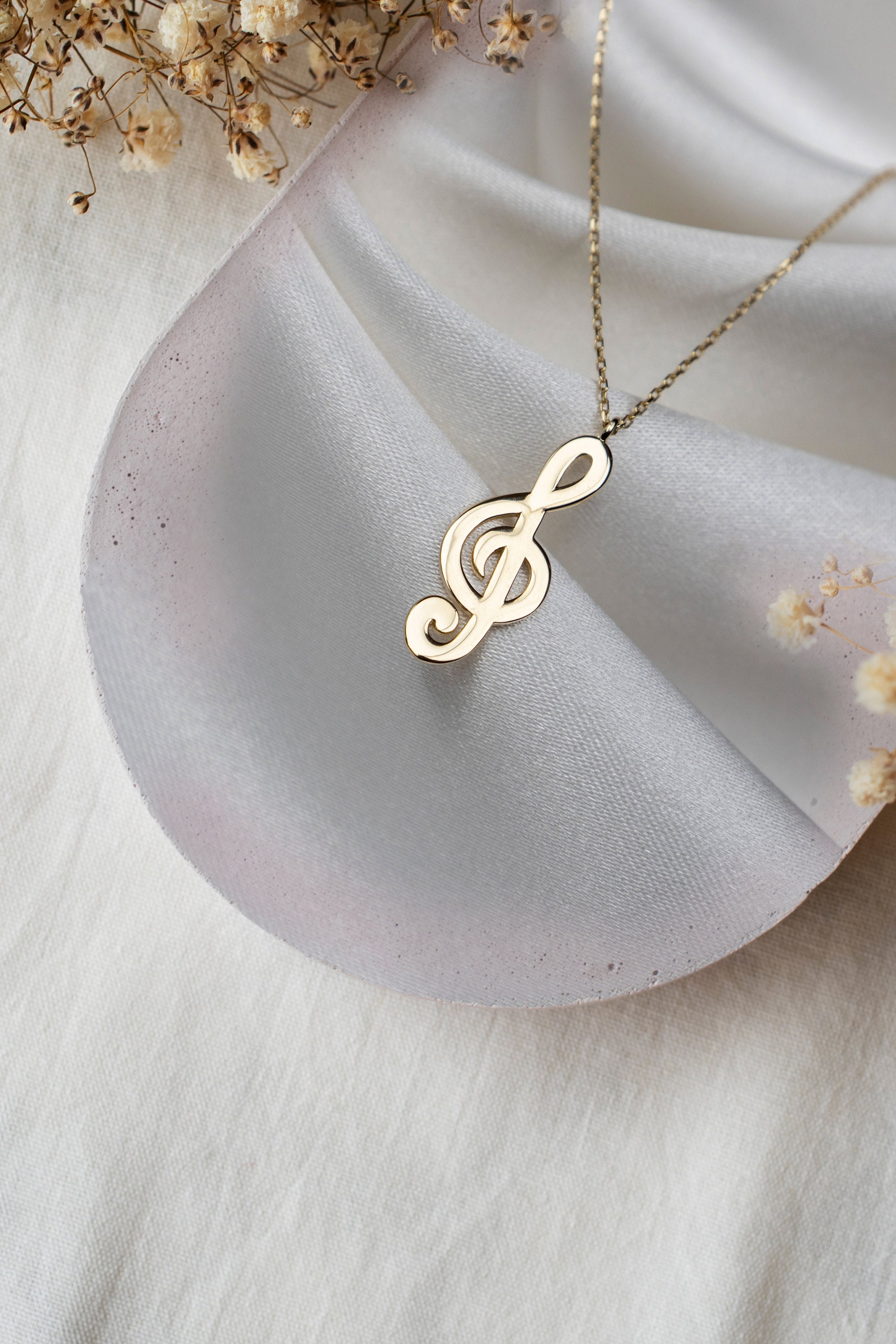 14K Solid Gold Treble Clef Pendant Necklace, Gold Treble Clef Charm ...