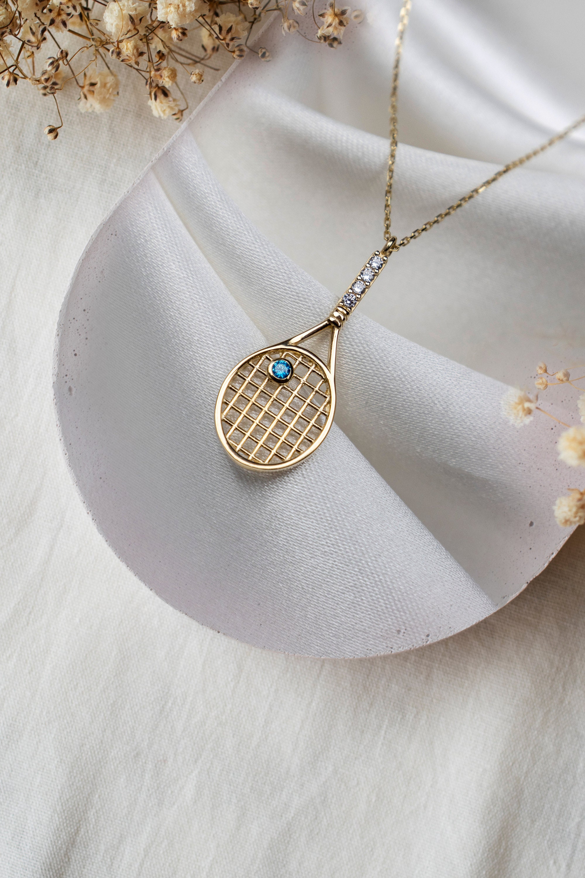 14K Solid Gold Tennis Racket Pendant, Tennis Racquet Necklace, Handmade ...