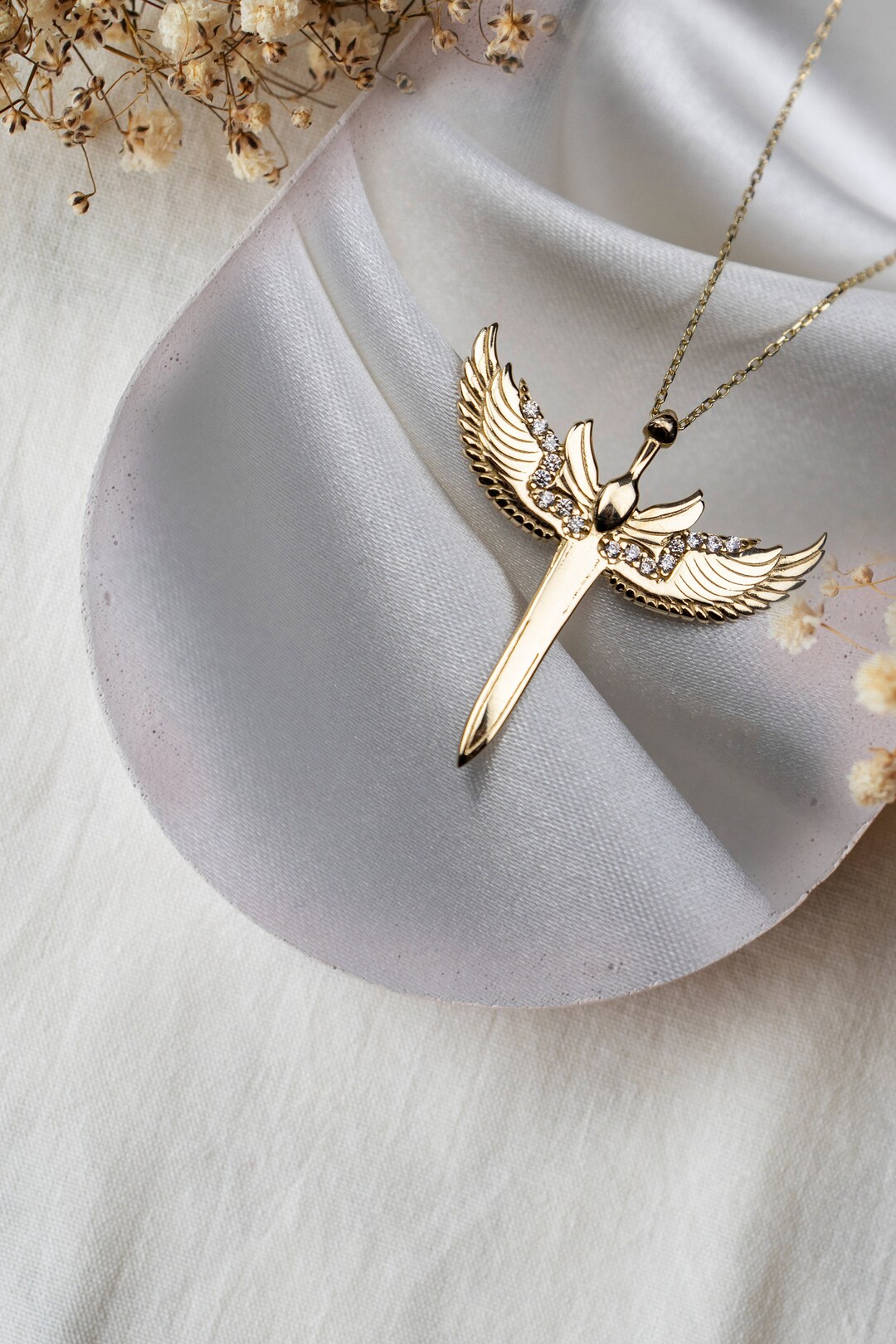 14K Gold Angel Pendant, Angel Necklace, Angel With Diamond, Gift for ...