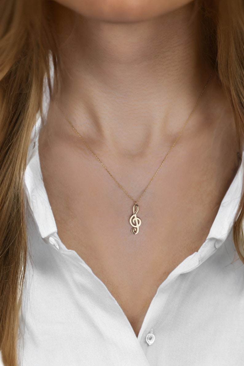 14K Solid Gold Treble Clef Pendant Necklace, Gold Treble Clef Charm ...