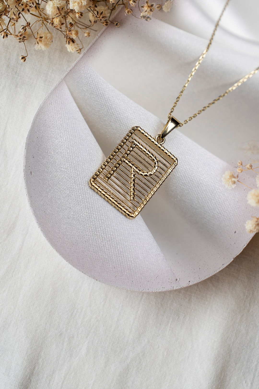 14K Solid Gold Initial Necklace, Gold Letter Block, Gold Initial Block ...