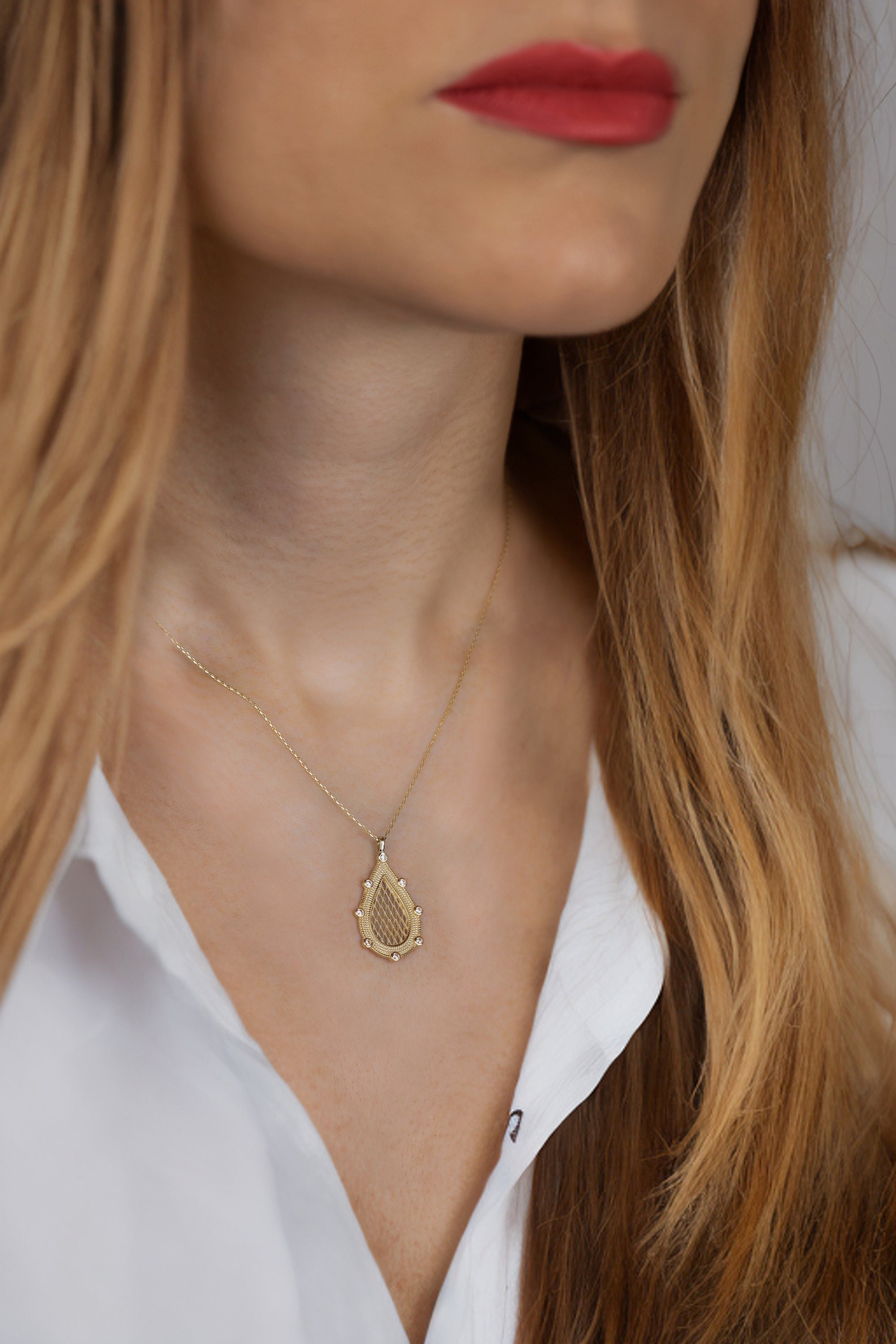 14K Gold Pendant, Customizable Grid Necklace, Gold Drop, Handmade Drop ...