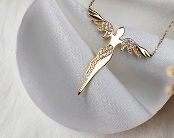 14K Gold Angel Pendant, Angel Necklace, Angel With Diamond, Gift for ...