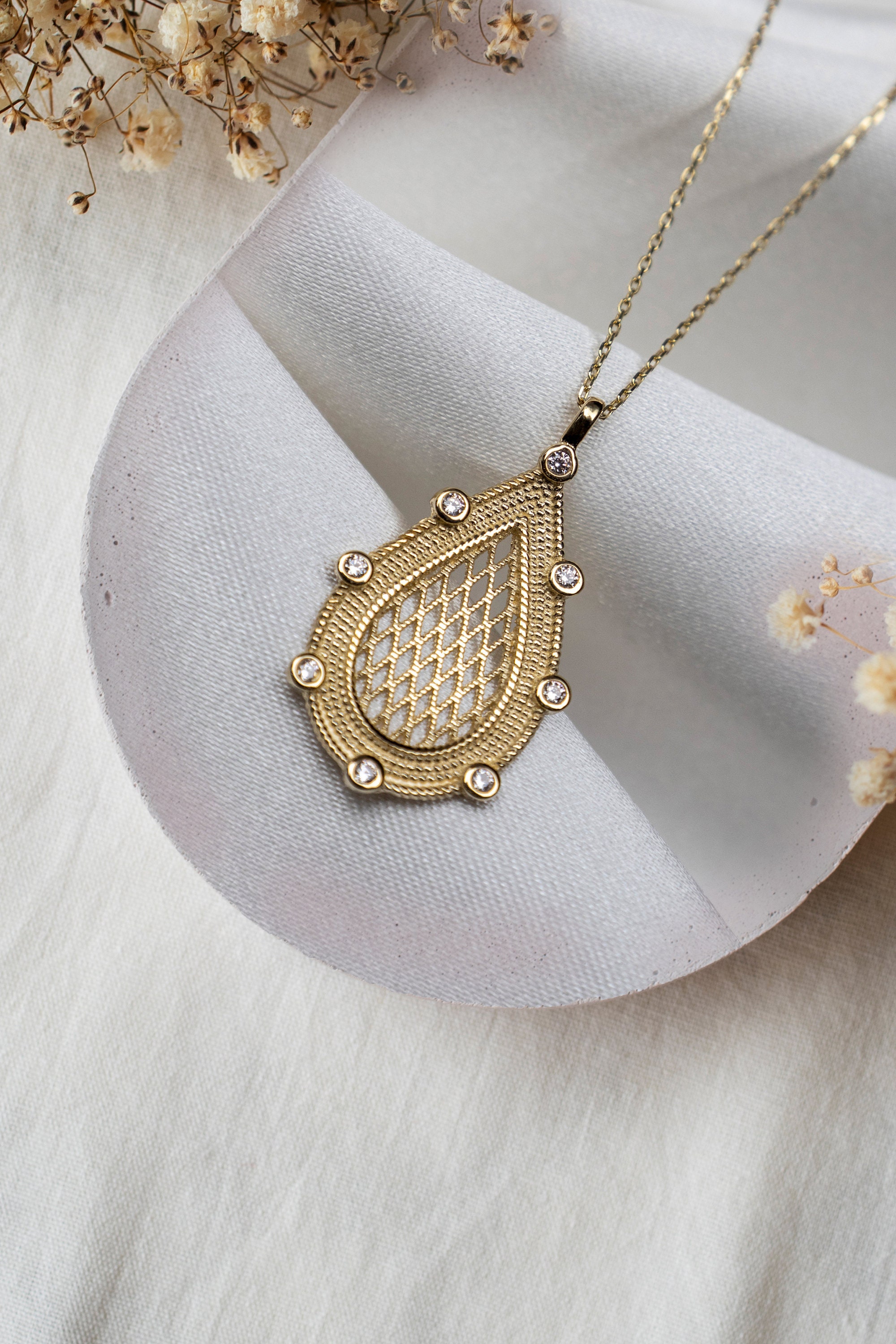 14K Gold Pendant, Customizable Grid Necklace, Gold Drop, Handmade Drop ...