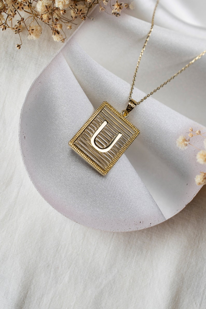 14K Solid Gold Initial Necklace: Modern Square Letter Pendant - Etsy