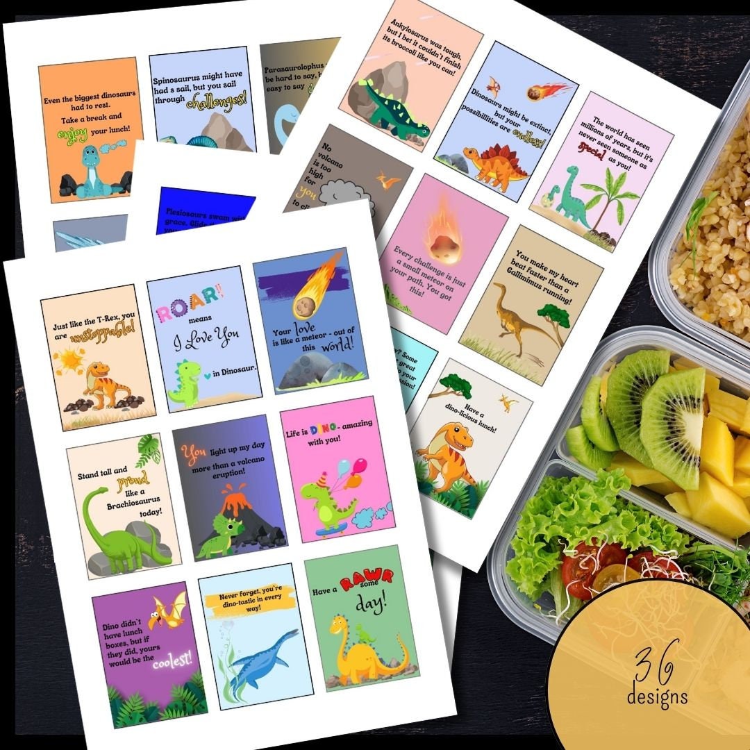 Cute Dinosaurs Lunch Box Notes for Kids, Encouragement Lunch Box Notes ...