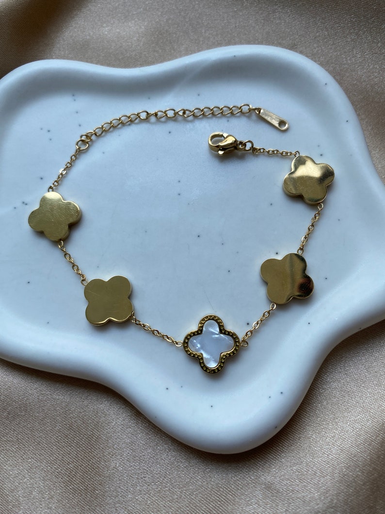 Stainless Steel Four Leaf Clover Bracelet, Adjustable Bracelet, Pearl ...