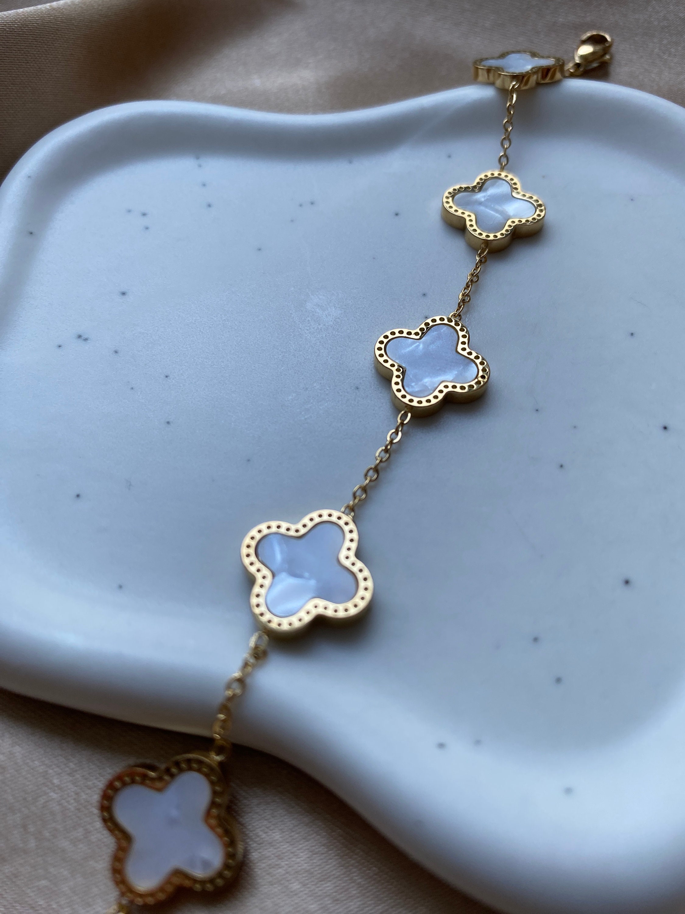 Stainless Steel Four Leaf Clover Bracelet, Adjustable Bracelet, Pearl ...