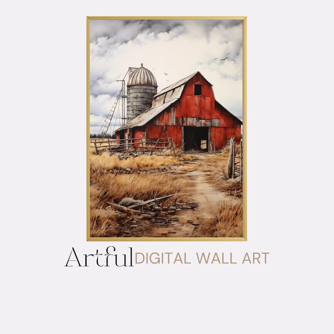 Red Barn & Silo Printable Wall Art, Farmhouse Digital Print, Vintage ...