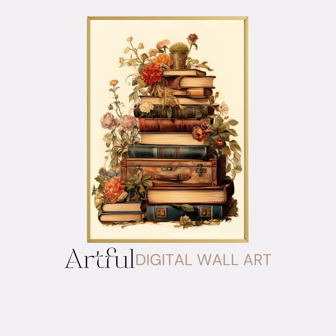 Vintage Book Stack Art Print With Floral Accents, Digital Book Lover ...