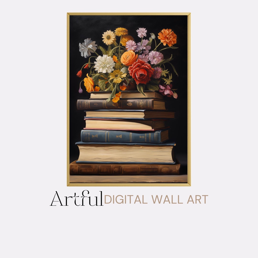 Floral Book Stack Painting for Book Lovers, Vintage Style Digital Print ...