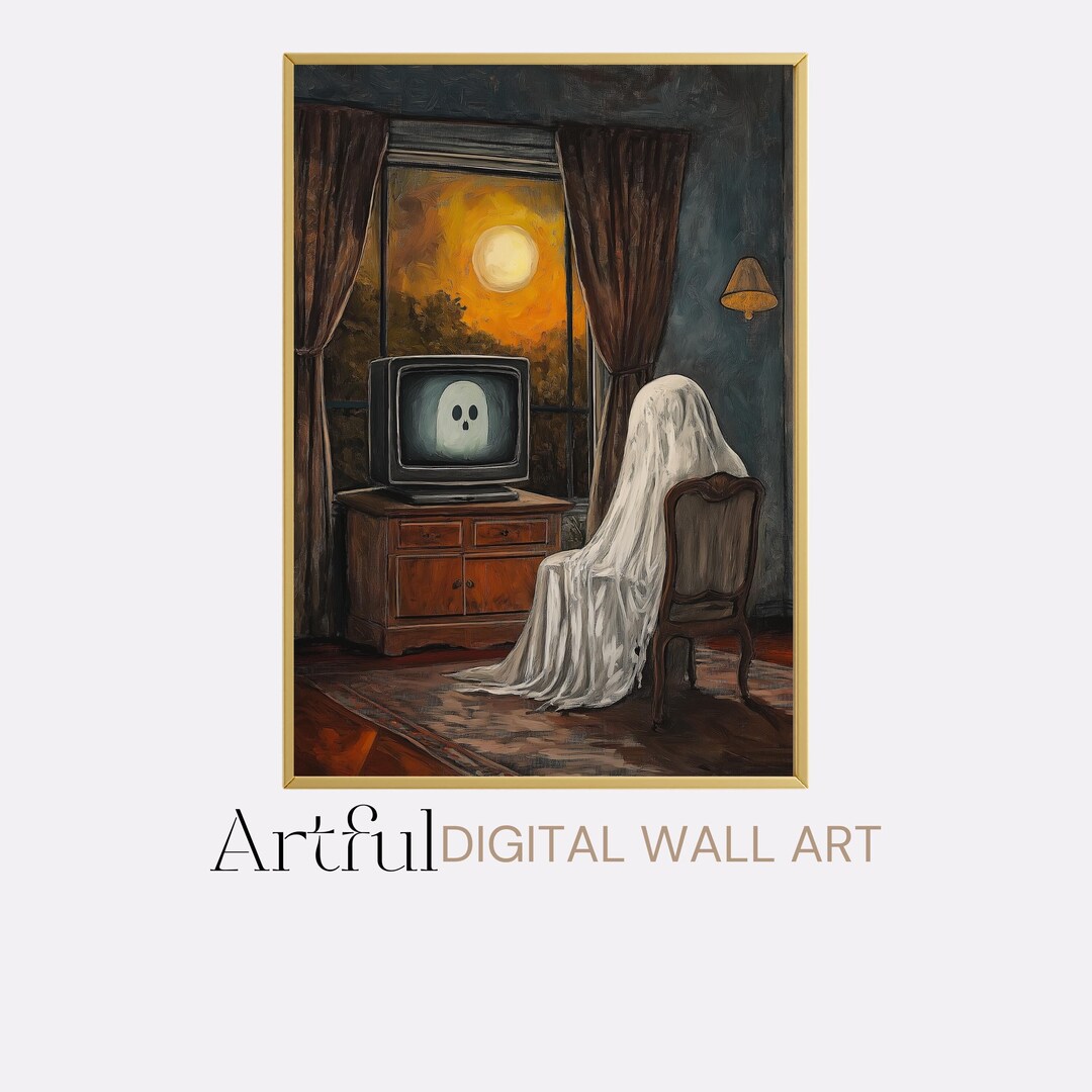 Spooky Ghost Watching TV Art Print, Halloween Home Decor Digital ...