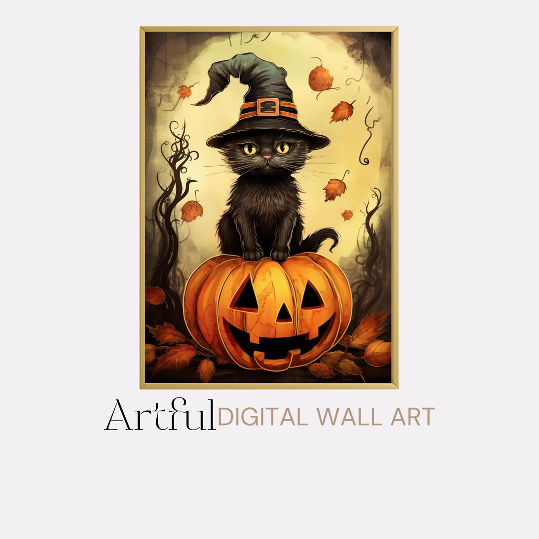 Halloween Cat Printable Art, Witch Hat Kitten on Pumpkin Poster Digital ...