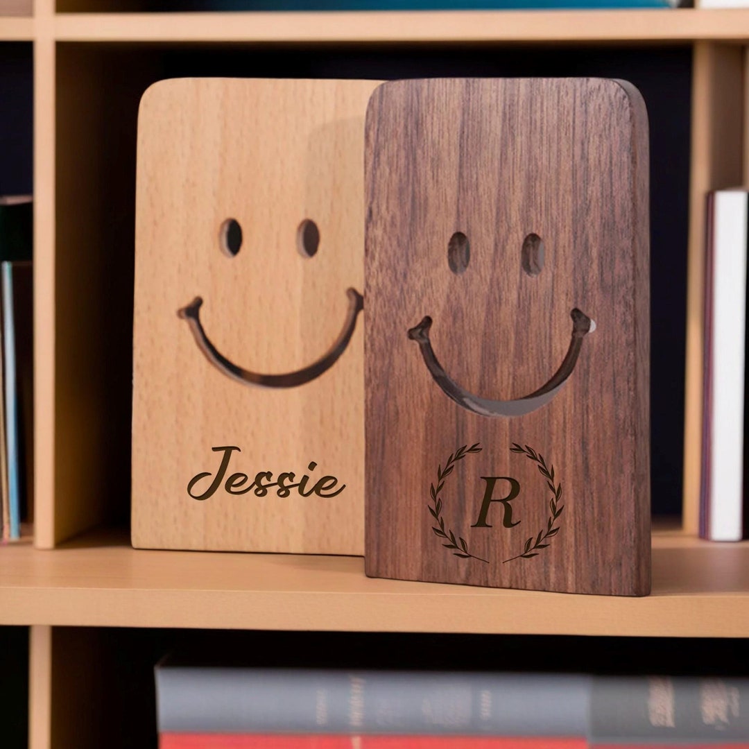 Custom Solid Wood Bookends, Personalized Smiley Wooden Bookends, Cute ...
