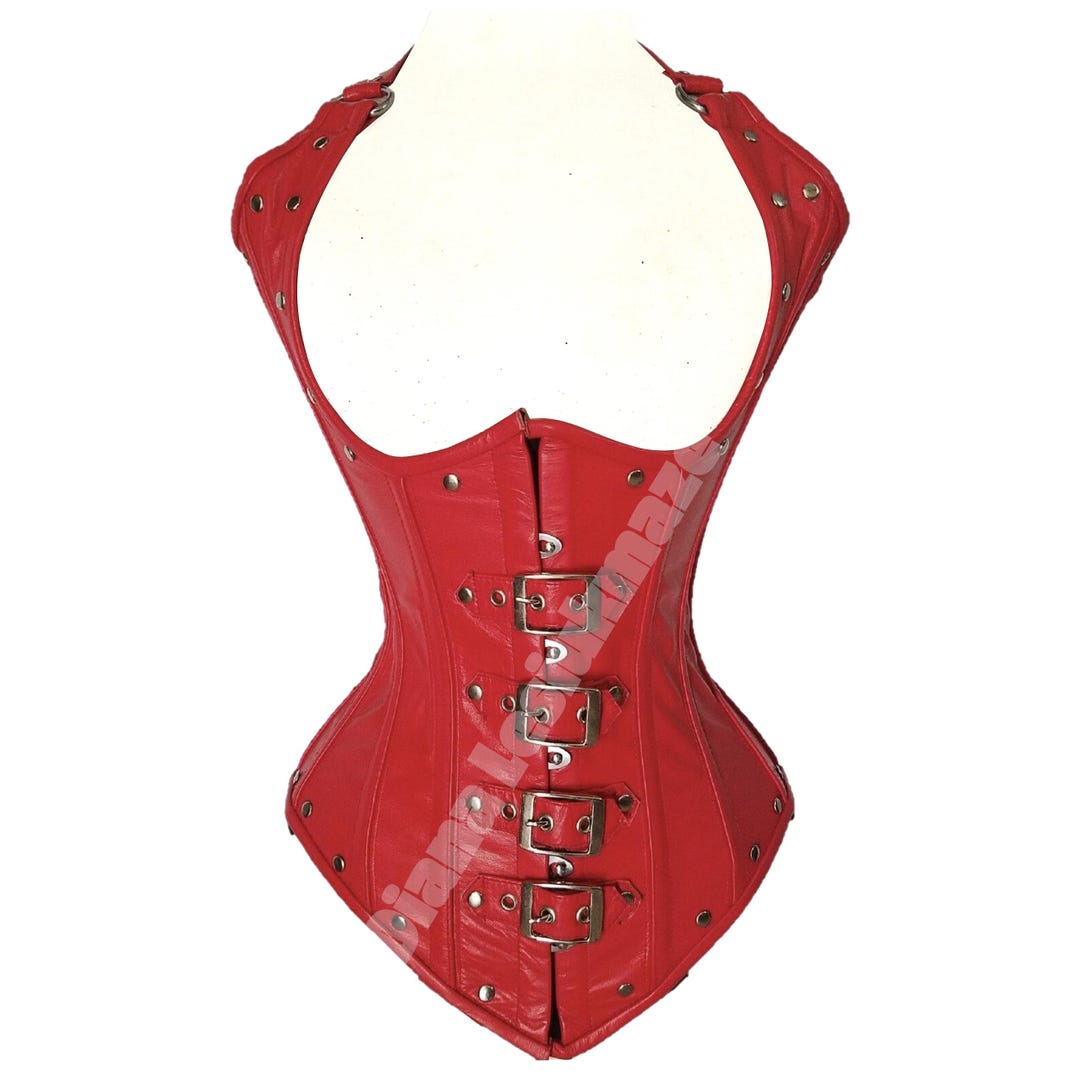 HOT Red Real Leather Corset - Buckle Straps Overbust Corset - Heavy ...