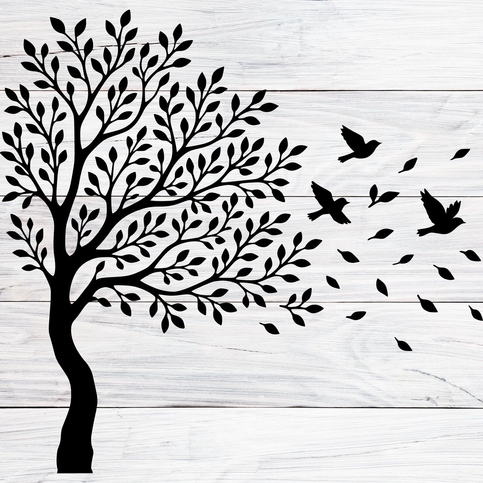 Autumn Tree and Birds Svg, Fall Tree Svg, Falling Leaves Tree Svg, Wind ...
