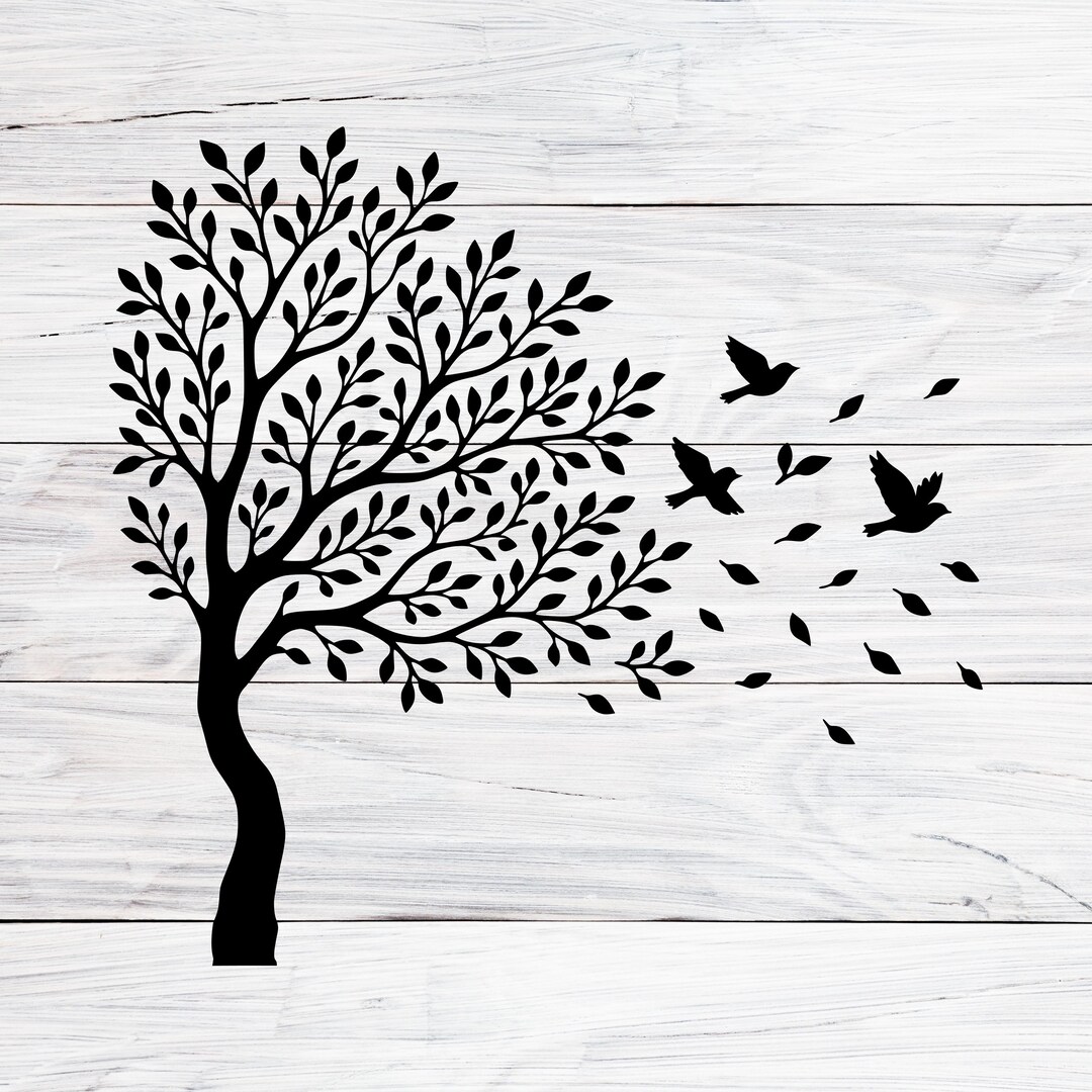 Autumn Tree and Birds Svg, Fall Tree Svg, Falling Leaves Tree Svg, Wind ...