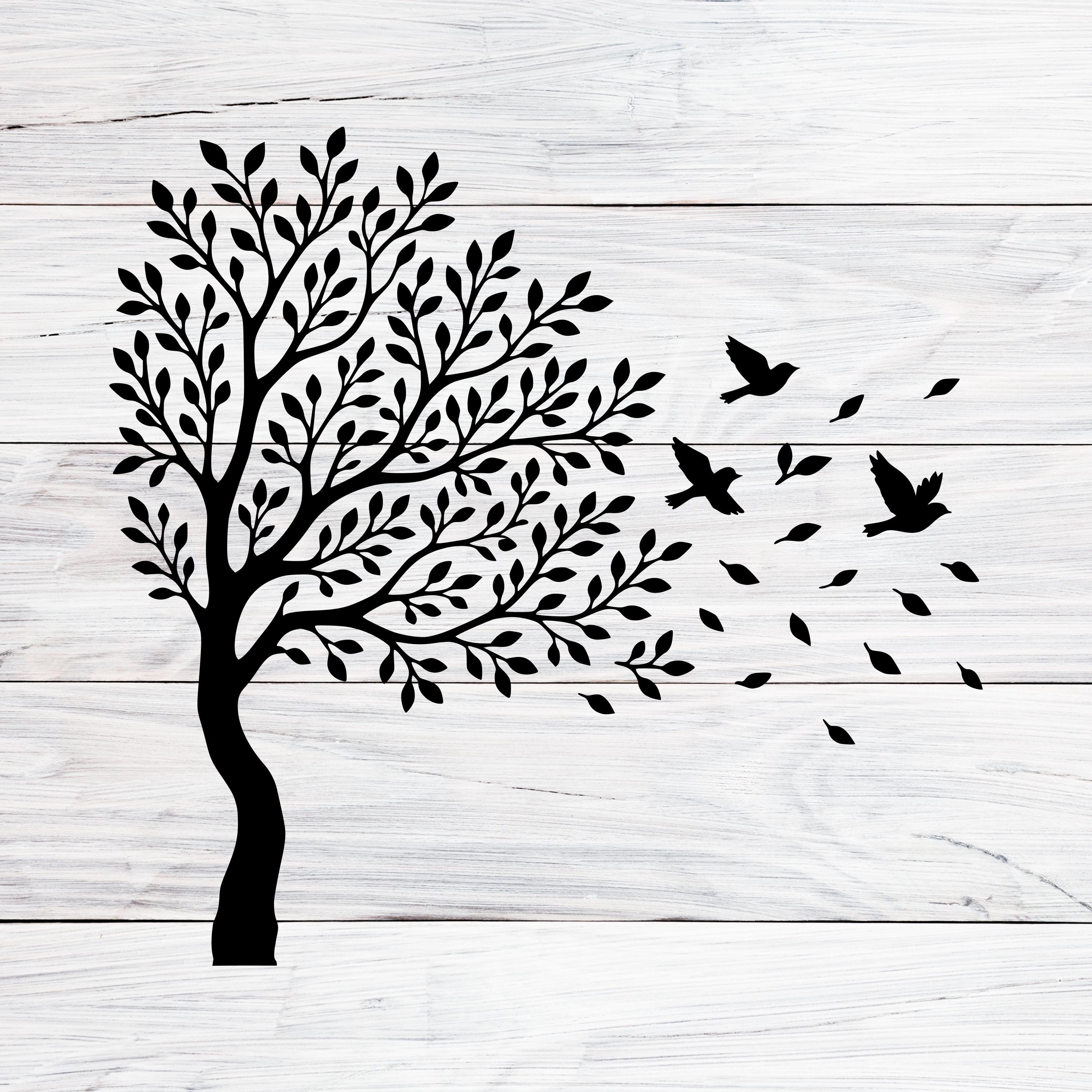 Autumn Tree and Birds Svg, Fall Tree Svg, Falling Leaves Tree Svg, Wind ...
