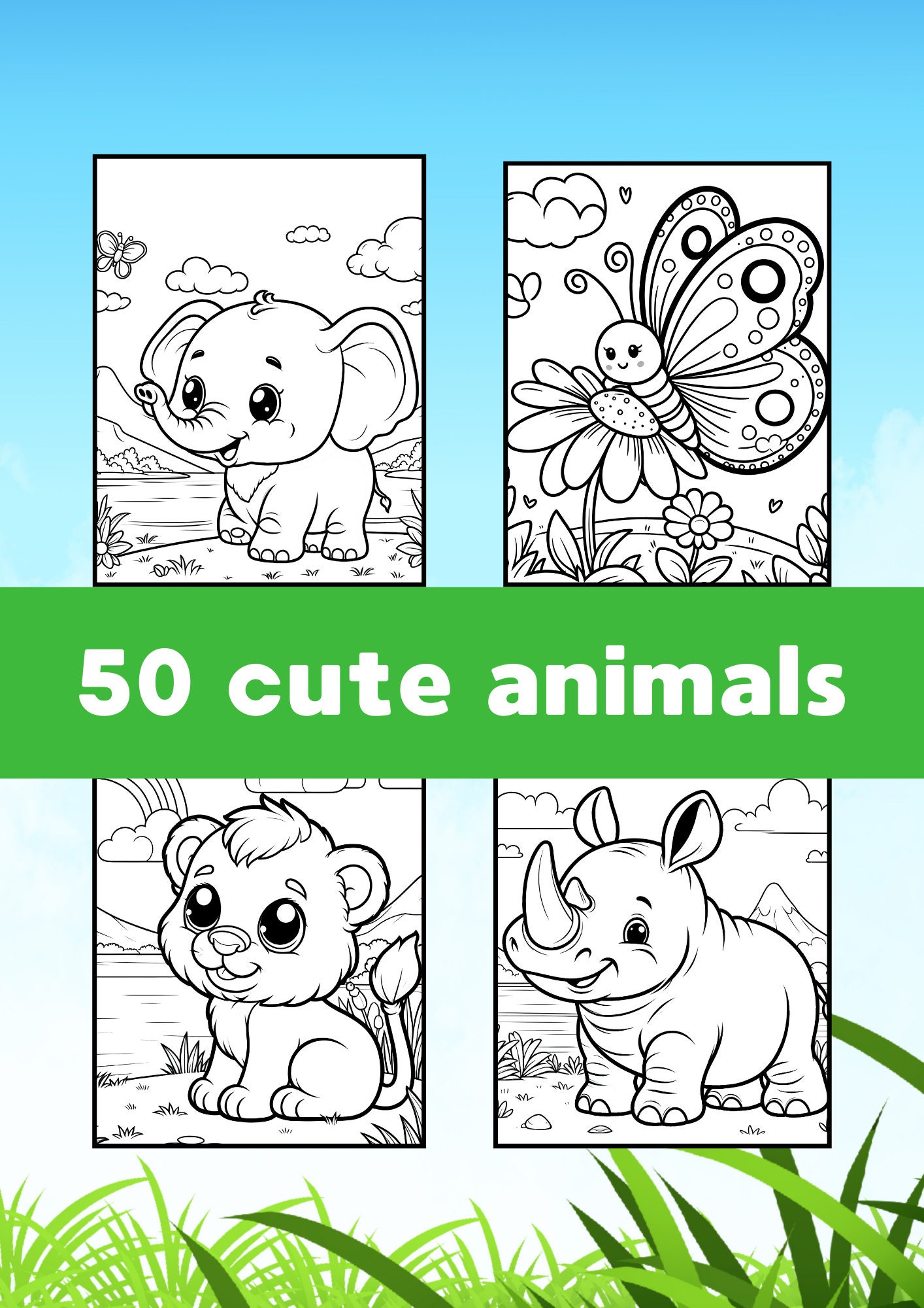 50 Cute Animals Coloring Pages for Kids and for Adults, Digital Print ...
