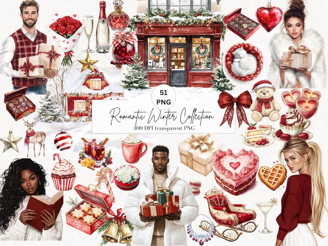 Watercolor Winter Clipart Set: Romantic Valentine's Day PNG Stickers ...